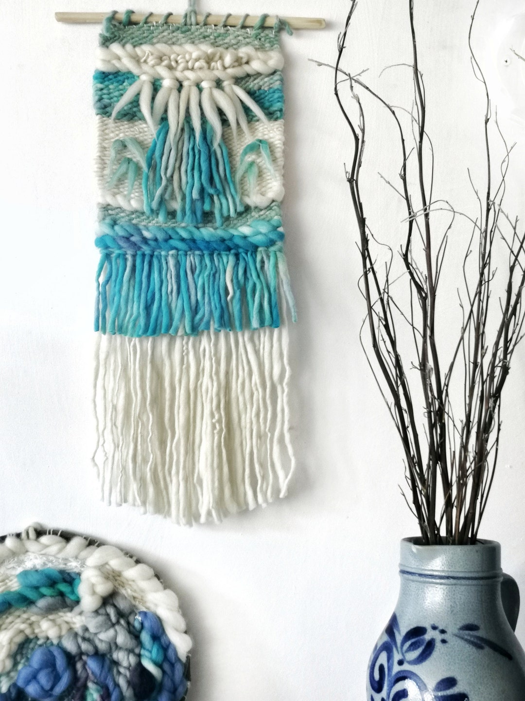 Woven Wall Hanging, Modern Wool Home Decor, Blue White Art Tapestry - Etsy