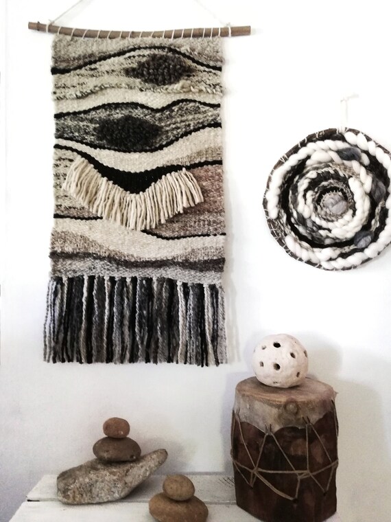 Woven wall hanging Modern wool home decor Grey white black | Etsy