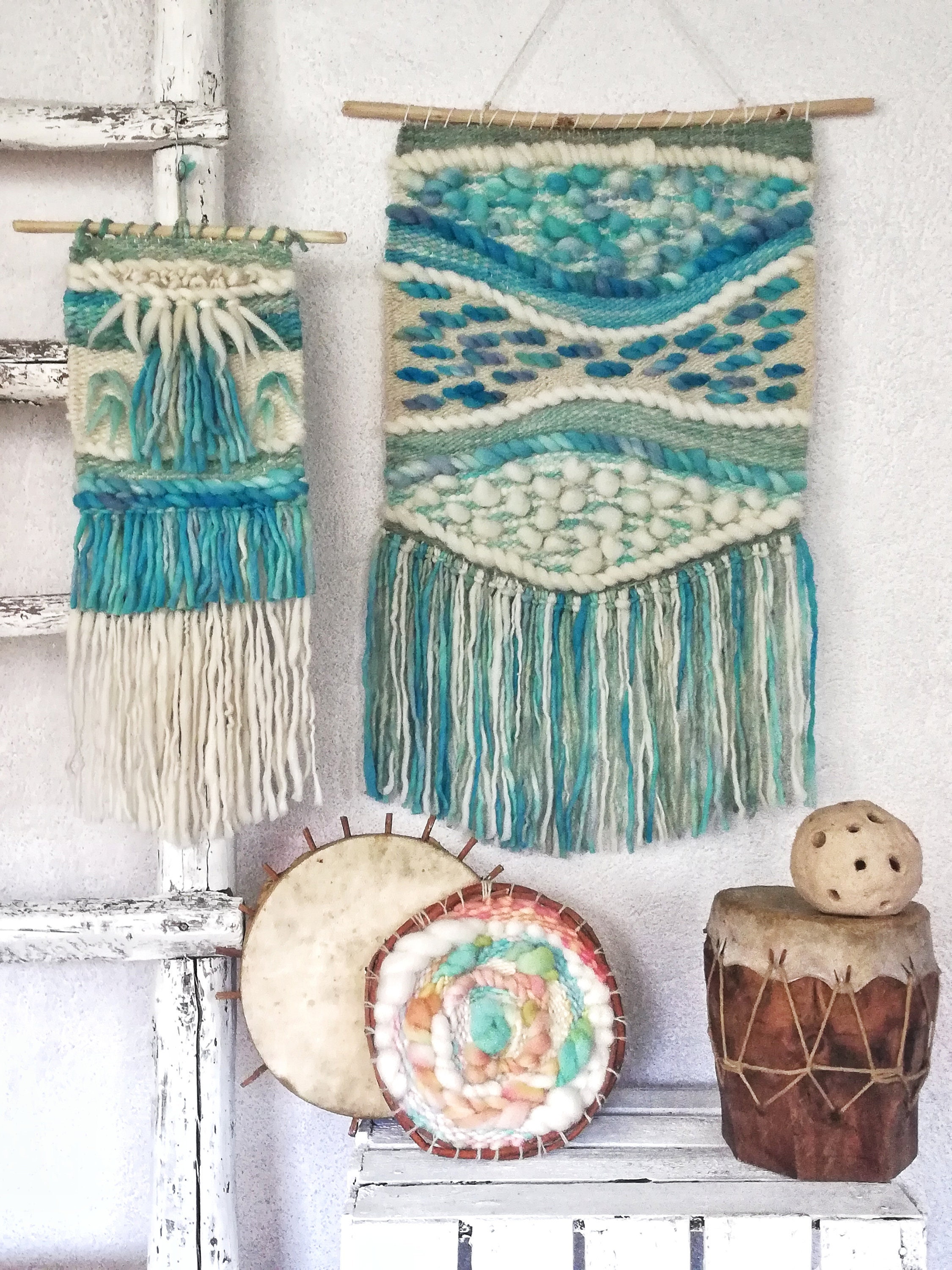 Woven Wall Hanging Modern Wool Home Decor Blue White Art - Etsy