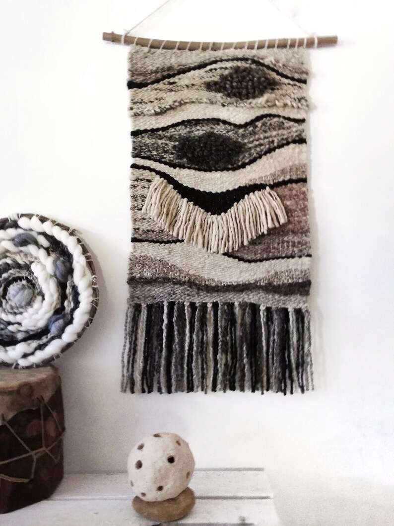 Woven wall hanging Modern wool home decor Grey white black | Etsy