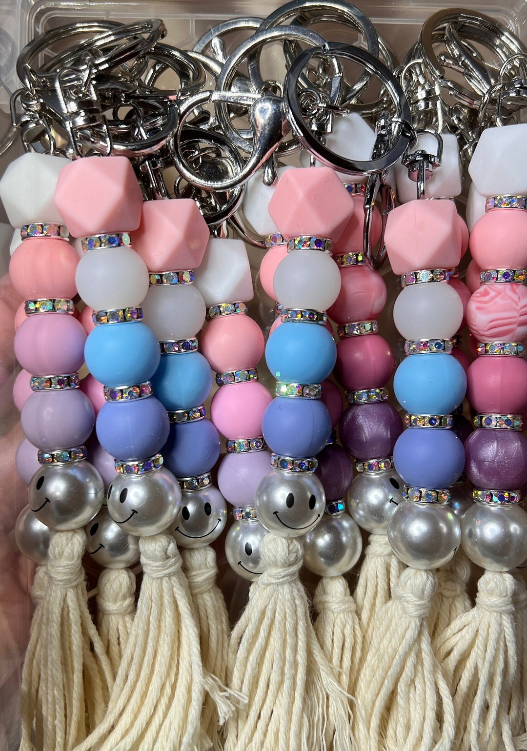 Smiley Beaded Keychain With Handmade Cotton Tassel, Rhinestones and ...