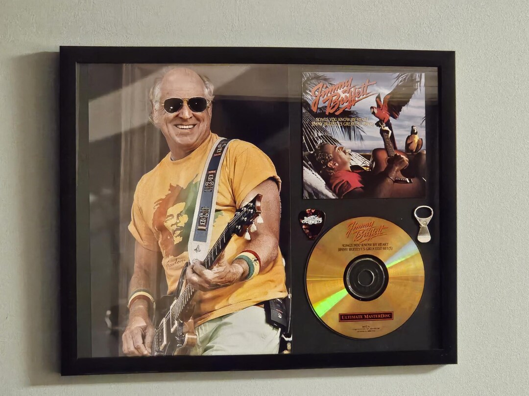 Jimmy Buffett Glass Frame Rock Piece W/8x10 Color Photo,gold Cd,guitar ...