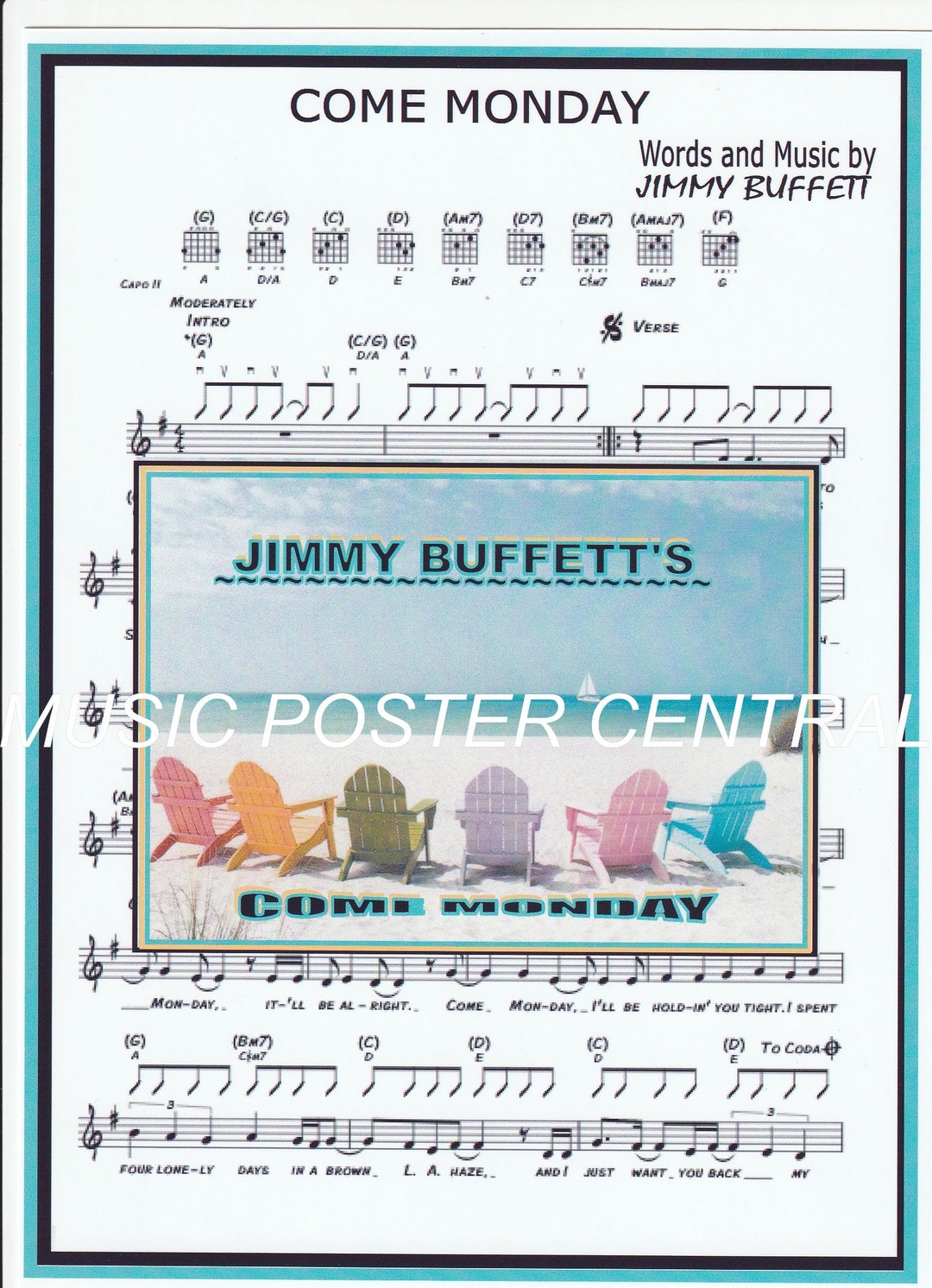 Jimmy Buffett Come Monday 11x17 Color Poster With Sheet Music as the ...
