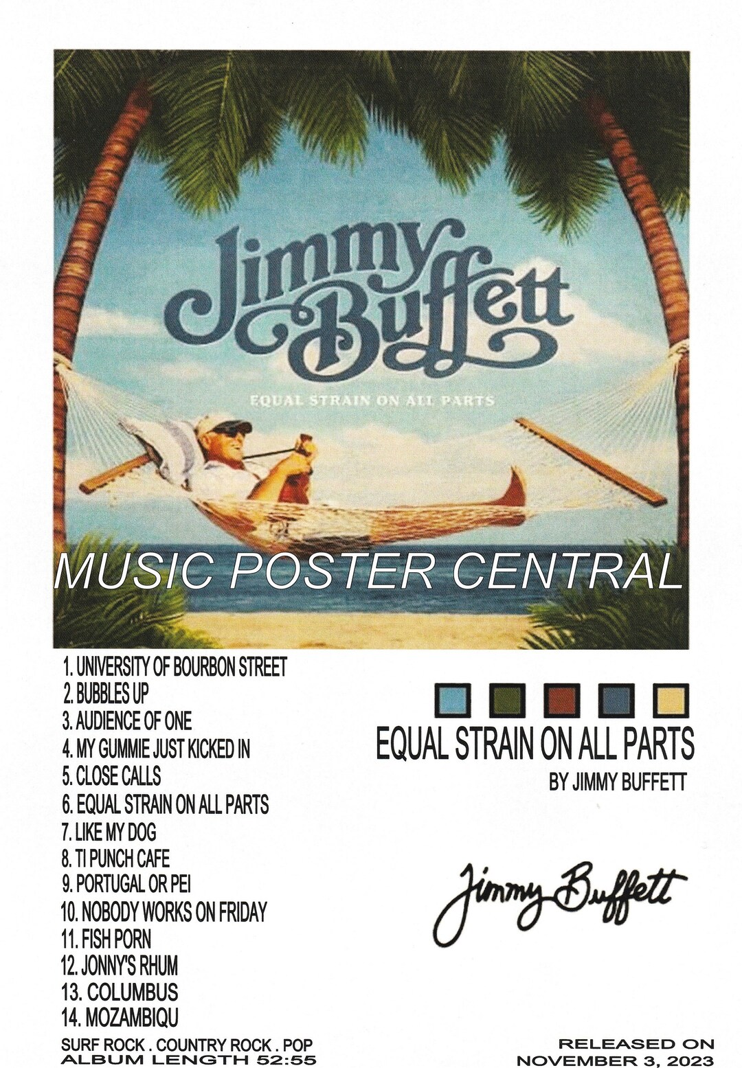 Jimmy Buffett Equal Strain on All Parts W/song List 11x17 Color Poster ...