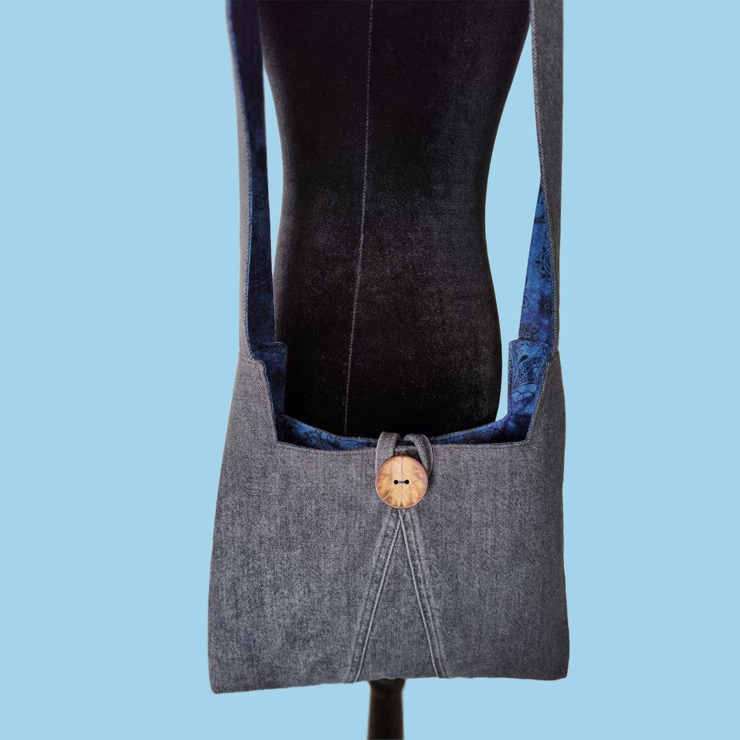 Black Faded Denim Shoulder Bag. Attractive Jean Purse. Medium Size With ...