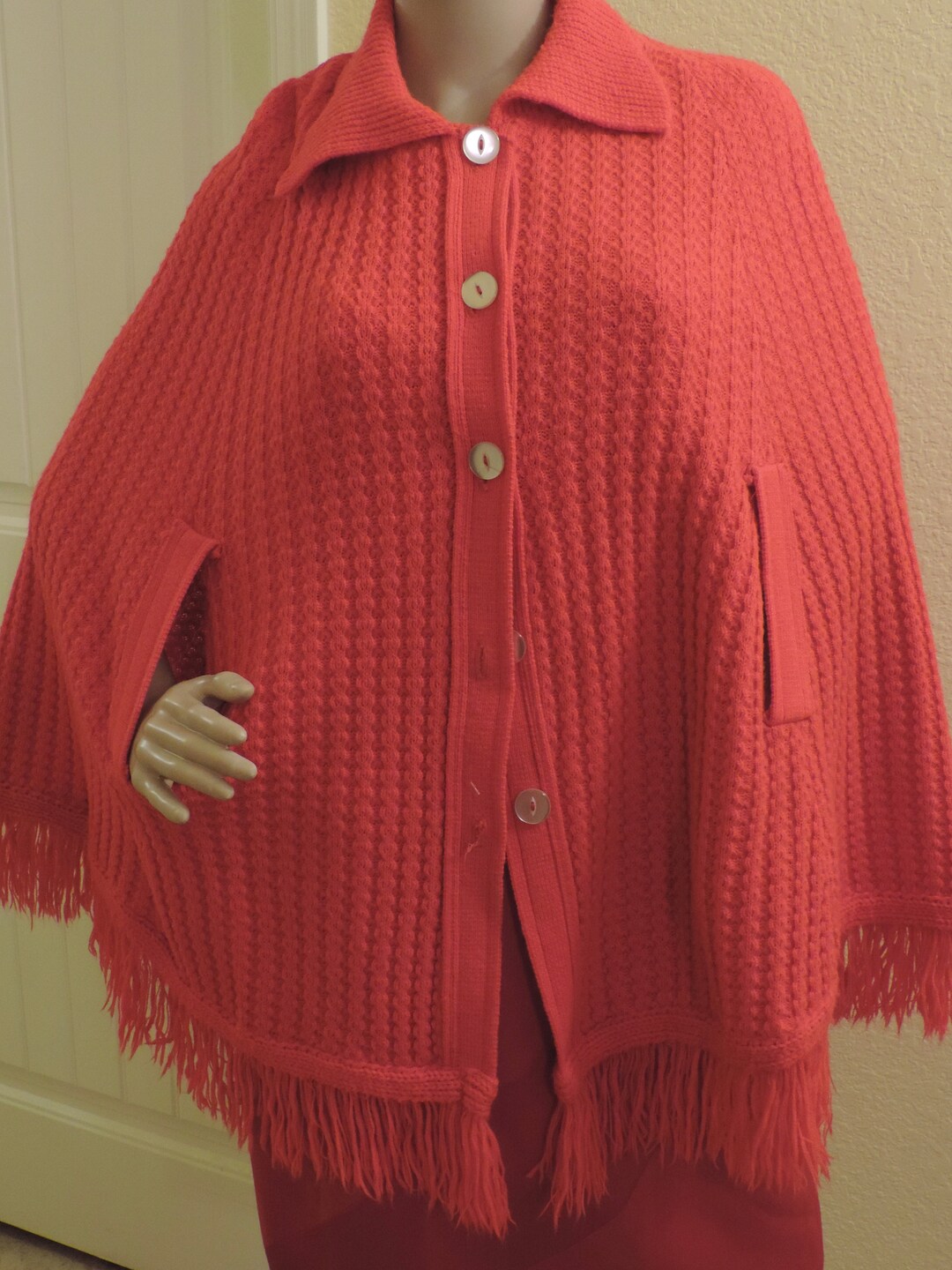 Vintage Red Sweater Cape With Collar, Front Buttons and Fringe, Fun and ...