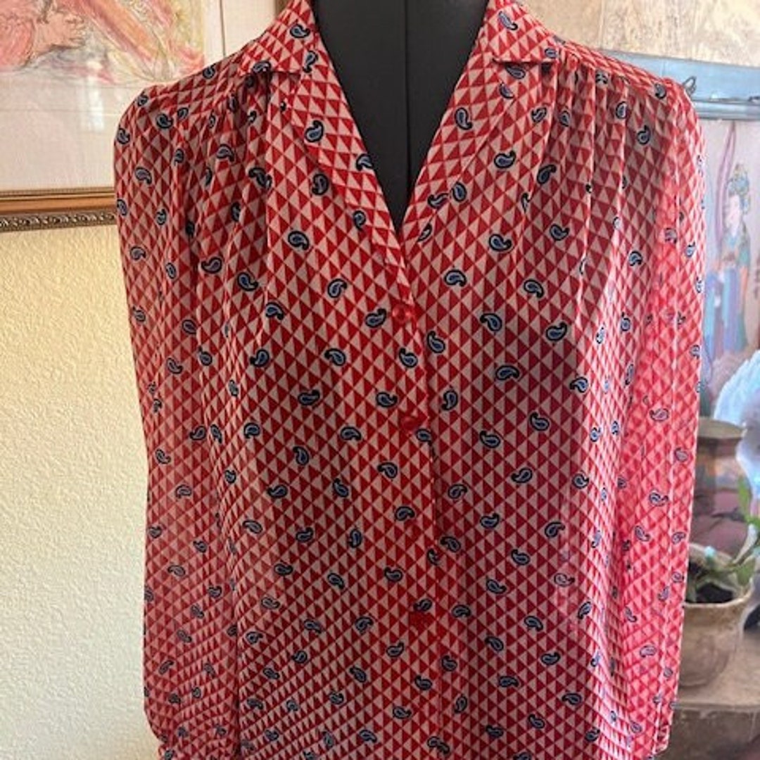 Vintage Graff Red, White Blue Pattern Blouse Long Sleeve, Button Front ...