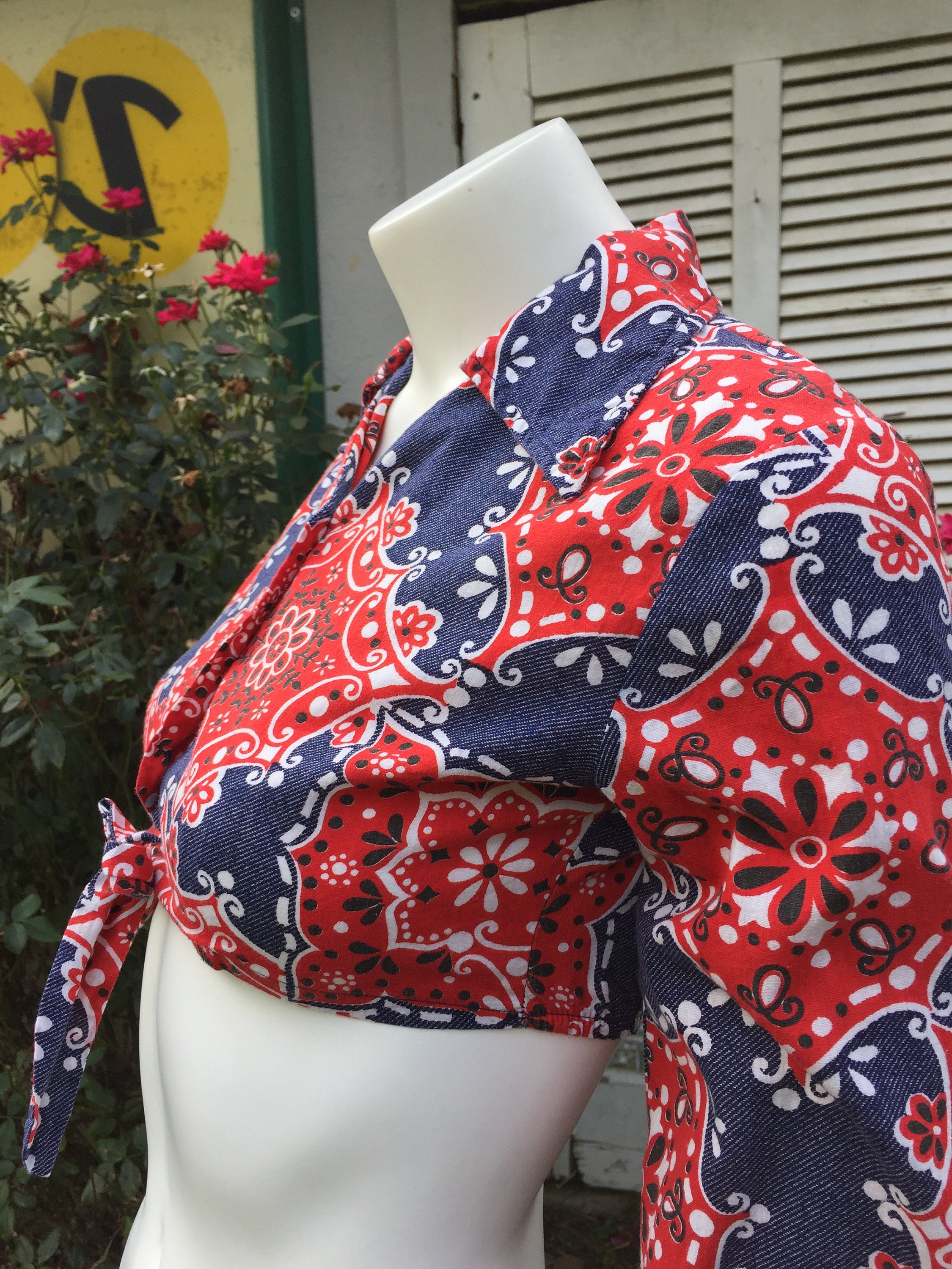 70s Bandana impresión manga larga Midriff Crop Top Camisa - Etsy España
