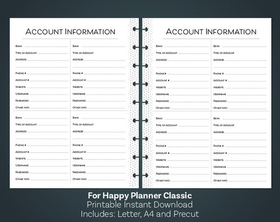 HAPPY PLANNER Printable Bank Account Information Happy | Etsy