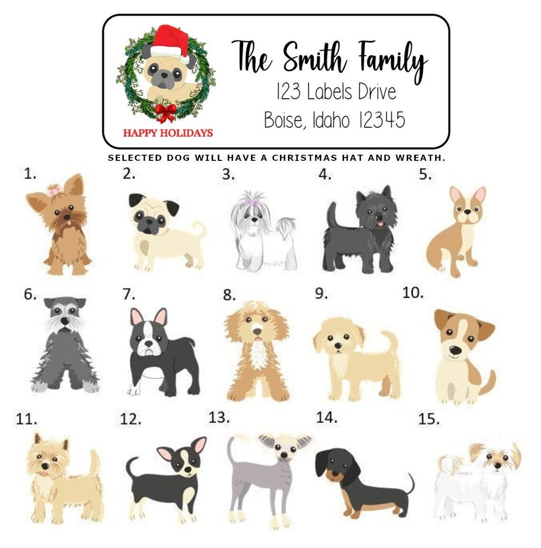 Christmas Dog Address Labels Stickers, 30 Personalized Dog Breed Labels ...