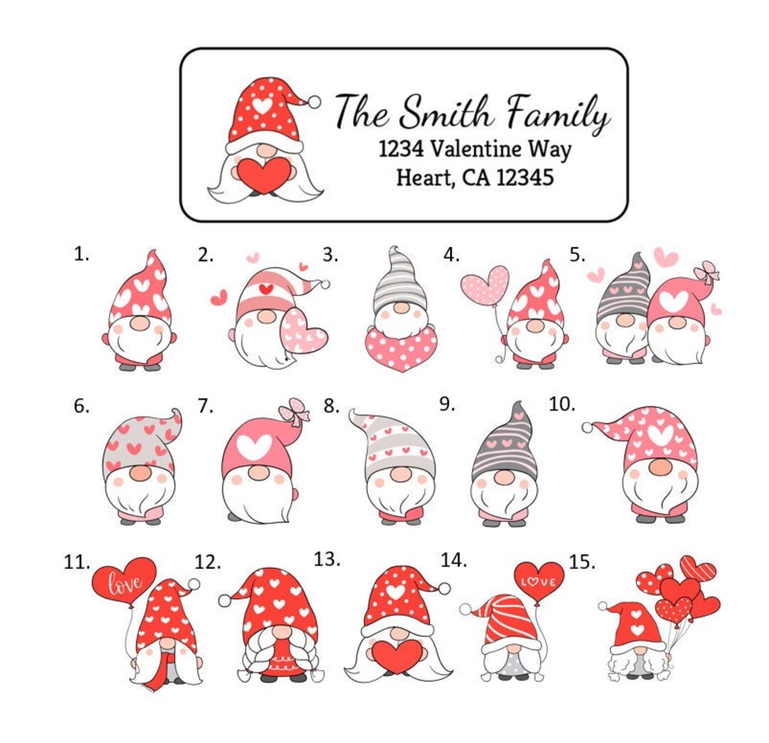 Valentine's Day Gnome Address Labels Stickers, 30 Personalized Labels ...