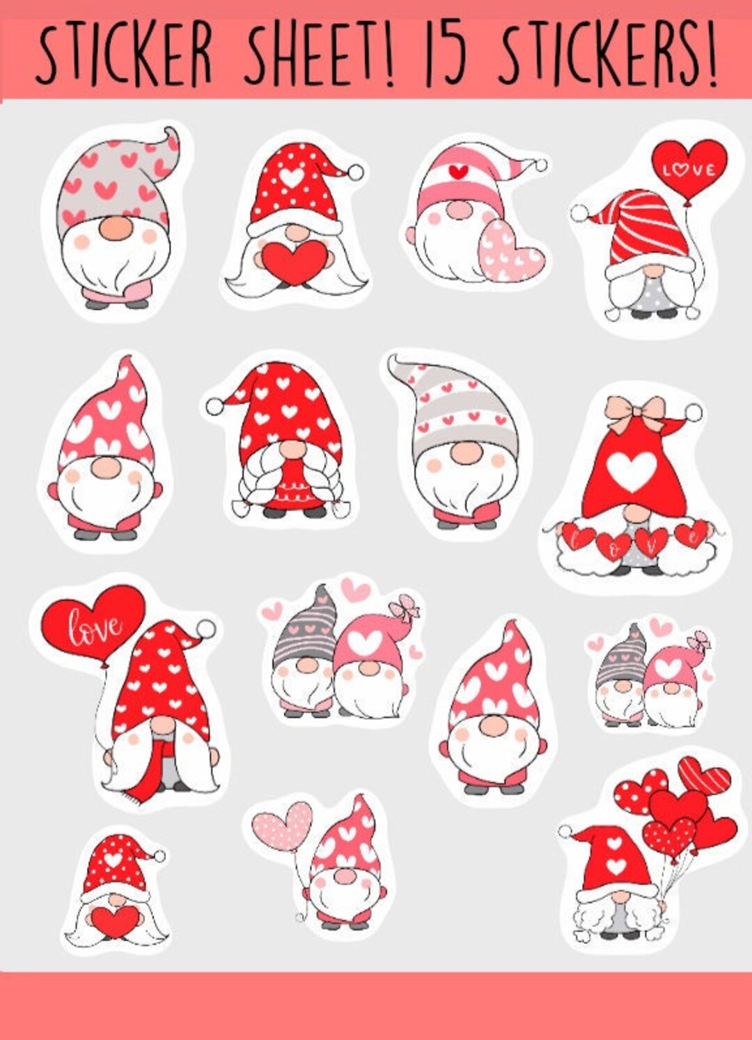 Valentine's Day Gnome Sticker Sheets, 15 Kiss Cut Stickers - Etsy