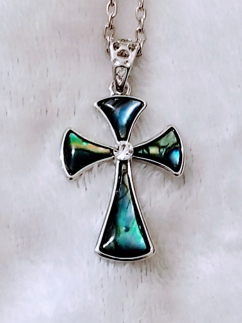 Abalone Cross Pendant Necklace on Silver Chain With Extender New Trendy ...