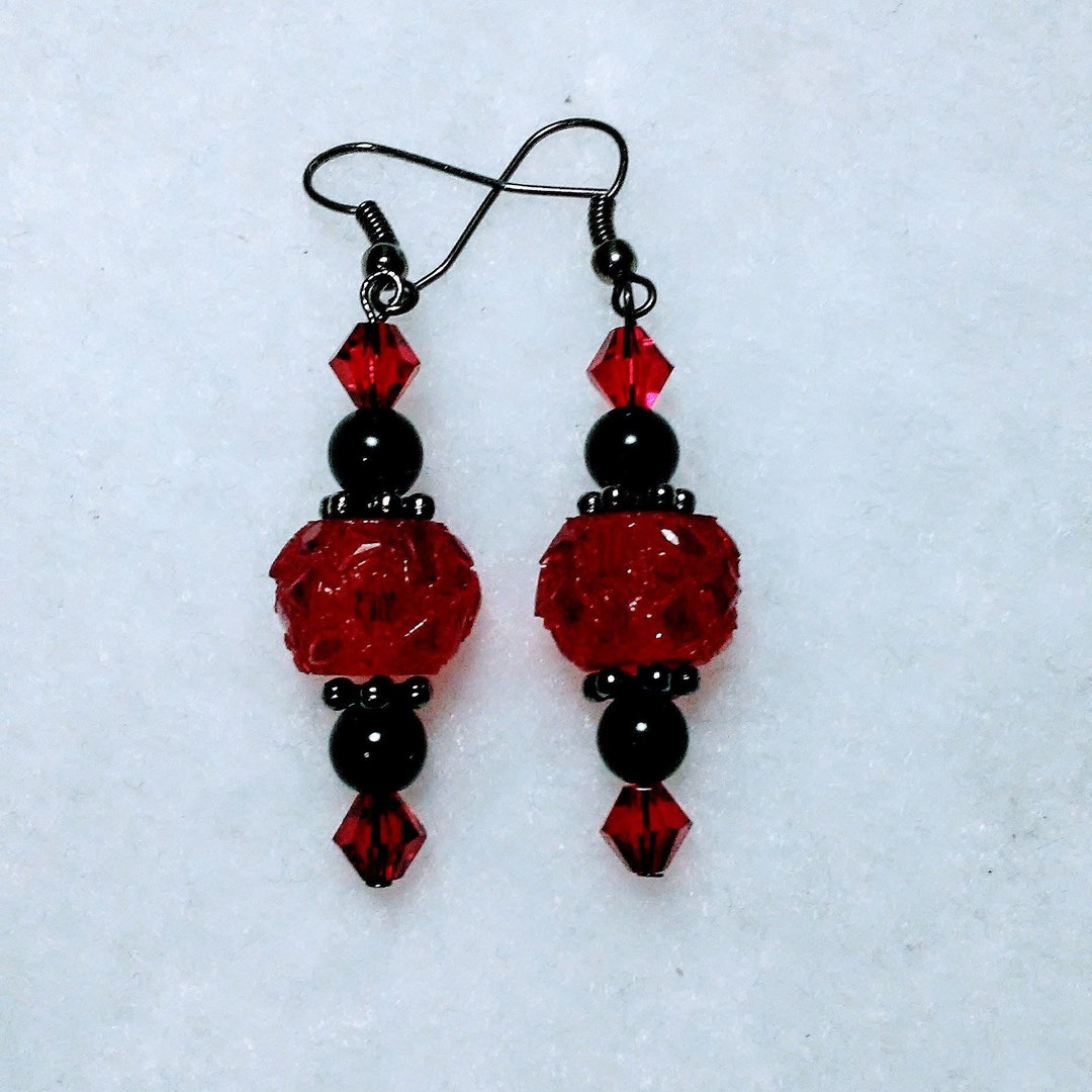Gothic Dark Red and Black Glass Bead Earrings Long Lightweight Trending ...
