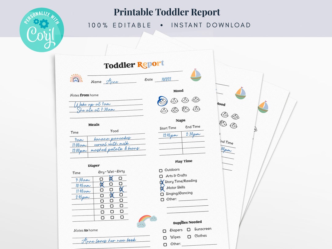 Editable Toddler Report Card - Daily Toddler Schedule - Babysitter ...