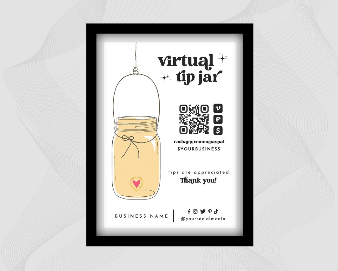 Tip Jar Sign Template Printable Virtual Tip Jar Venmo Payment Sign QR ...