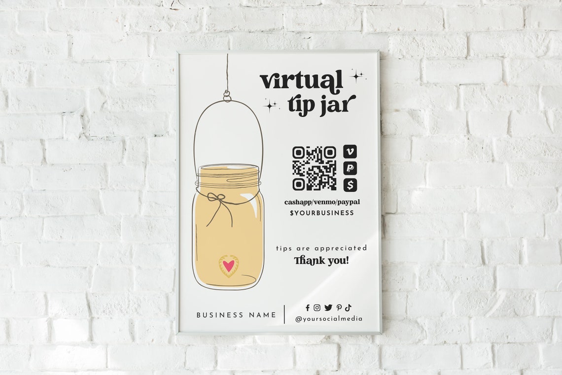 Tip Jar Sign Template Printable Virtual Tip Jar Venmo Payment Sign QR ...