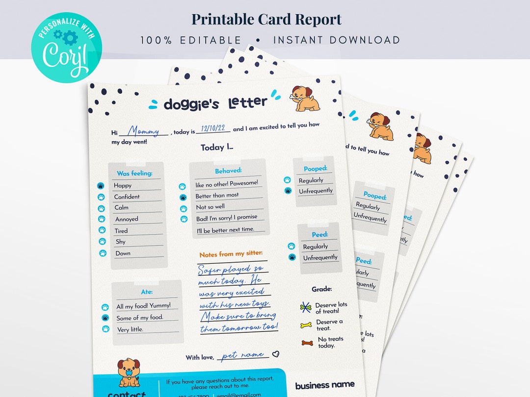 Editable Pet Sitting Report Card - Dog Report Card - Pet Card Report ...