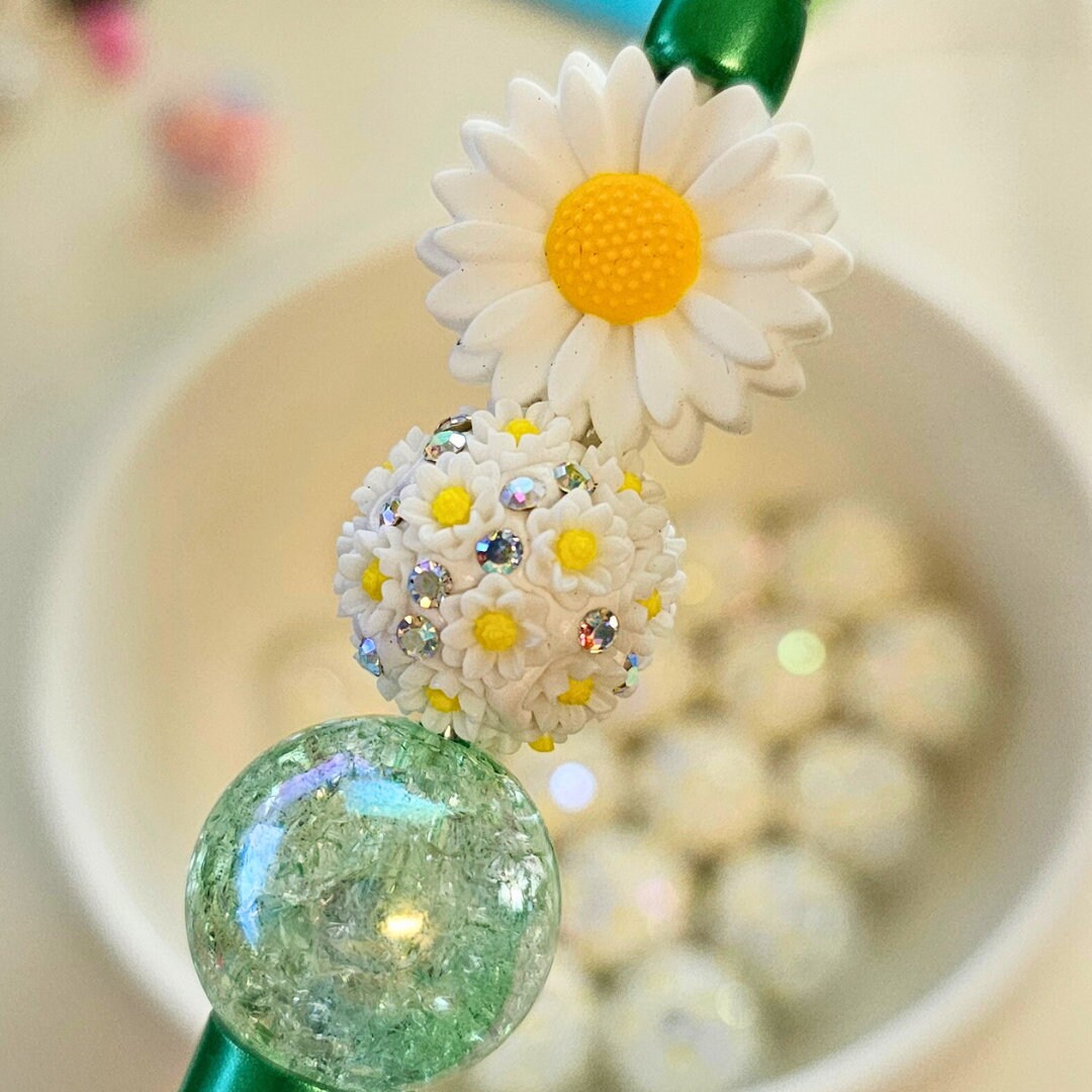 Set of 5 White and Yellow Flower Beads, 20mm, Daisy Flower Ball, Chunky ...