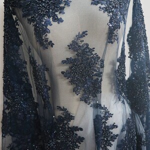 Luxury Dark Blue Heavy Beaded Lace Fabric by the Yard, Navy Bridal Lace ...
