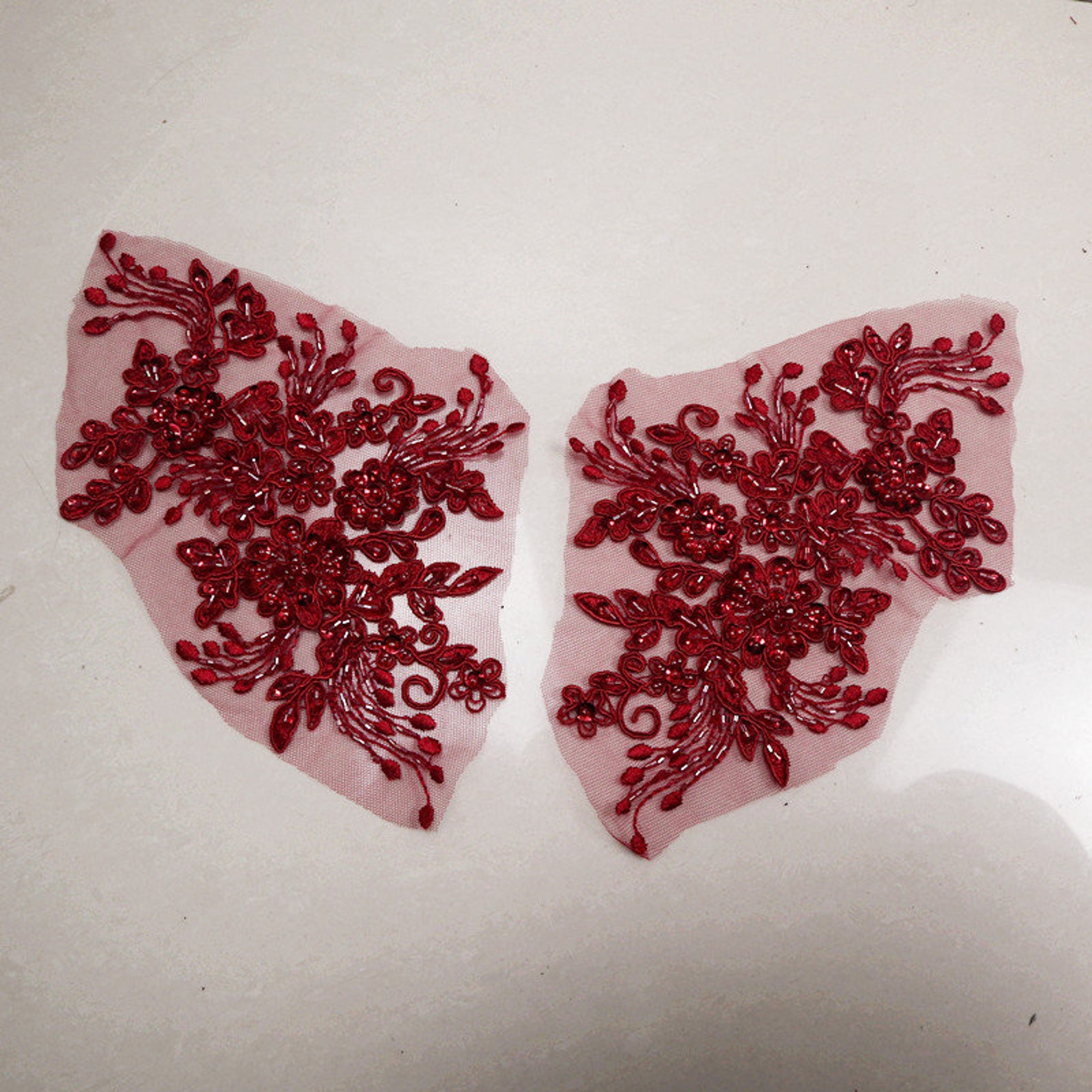 Dark Red Alencon Beaded Lace Applique, Beaded Lace Patches for Bridal ...