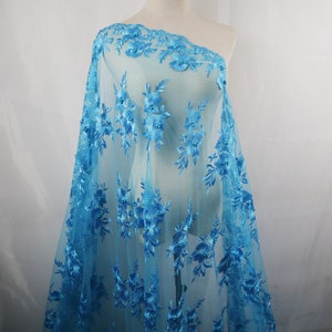 Lake Blue Embroidered Lace Fabric, Lanverdar Purple Embroidery Floral ...