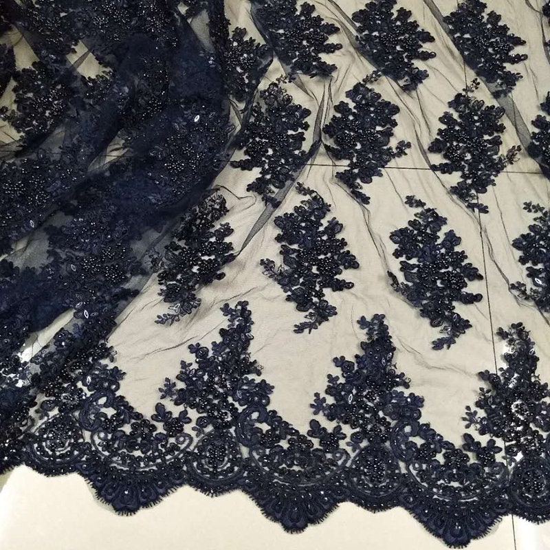 Luxury Dark Blue Heavy Beaded Lace Fabric by the Yard Navy - Etsy