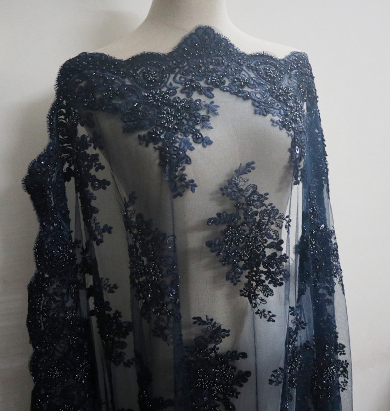 Luxury Dark Blue Heavy Beaded Lace Fabric by the Yard Navy - Etsy