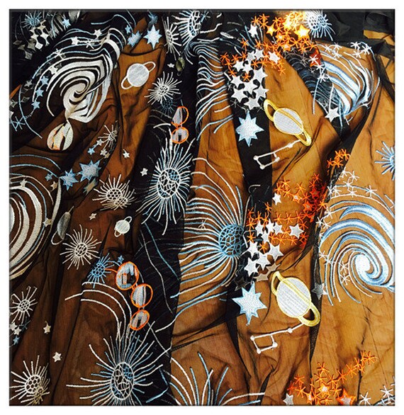 Mix colorful embroidered Starry sky floral lace fabric black | Etsy