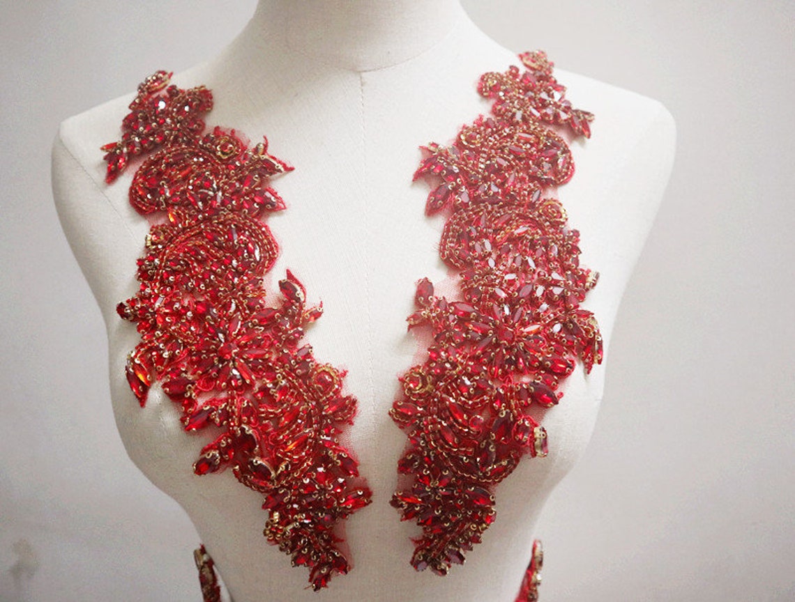 Deluxe Red Rhinestone Appliques Collar Bodice Appliques | Etsy