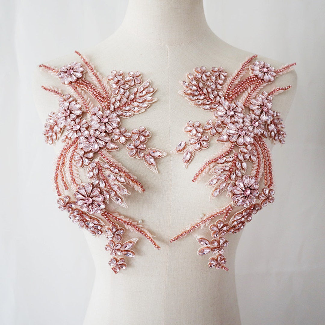 Pink Rhinestone Appliques, Beaded Flower Shoulder Collar Bodice ...