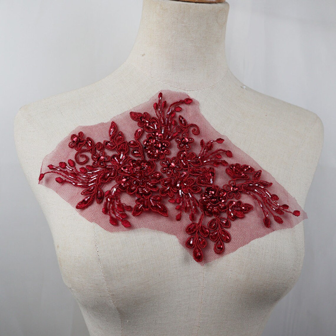 Dark Red Alencon Beaded Lace Applique, Beaded Lace Patches for Bridal ...