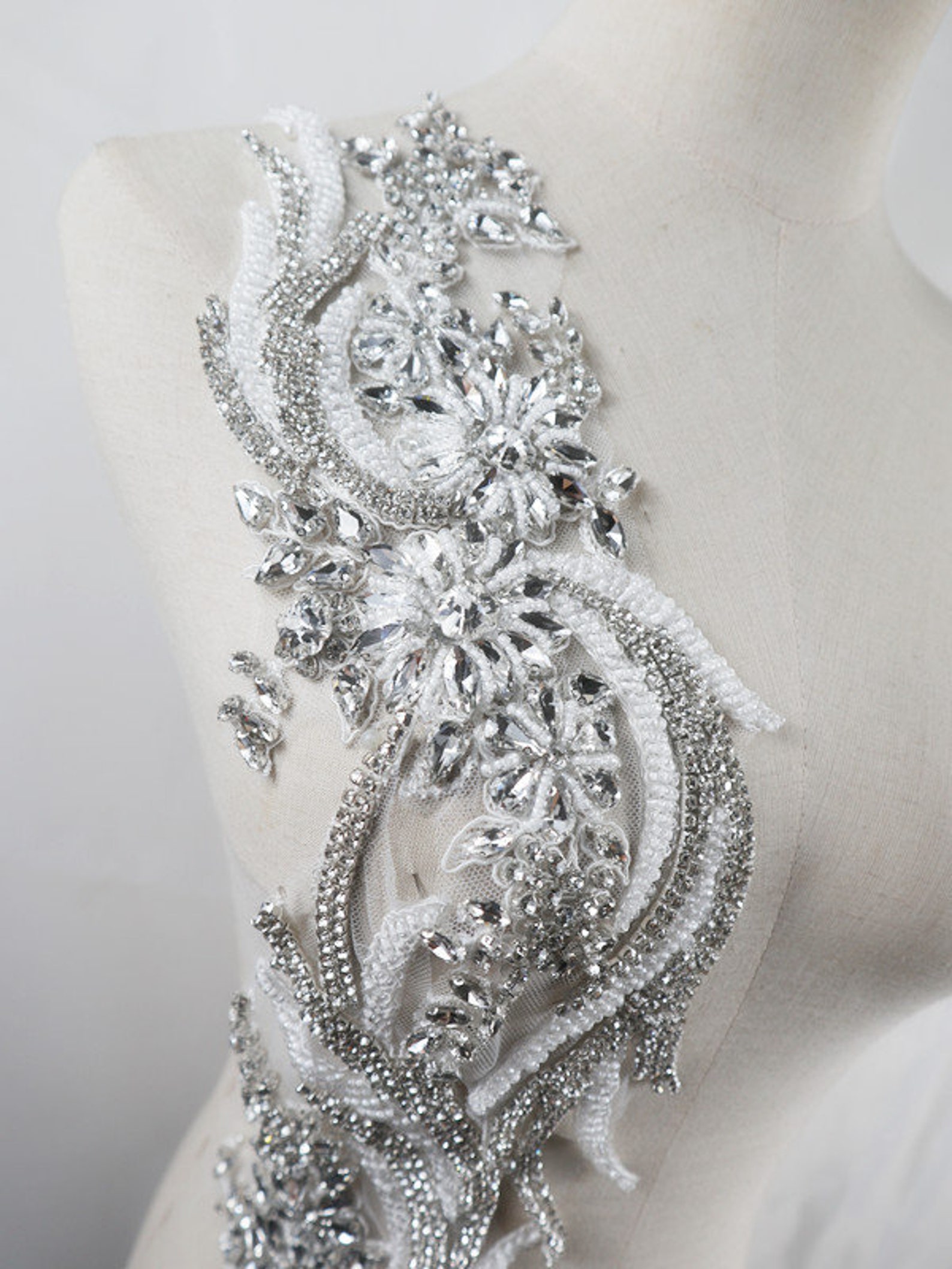 Luxury White & Silver Rhinestone Applique, 3D Beaded Shoulder Collar ...