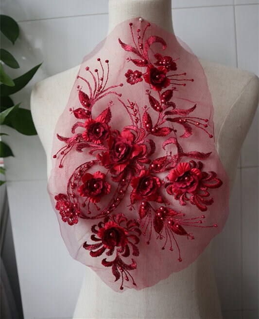 Dark Red 3D Flowers Lace Appliques Bridal Lace Appliques With - Etsy