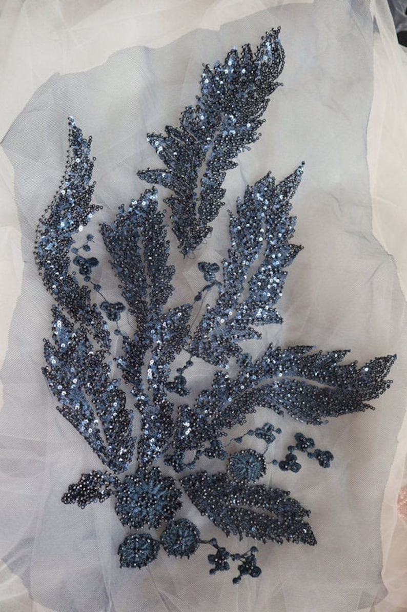 Navy Blue Beaded Sequined Lace Flowers Applique, Big Leaf Dark Blue ...