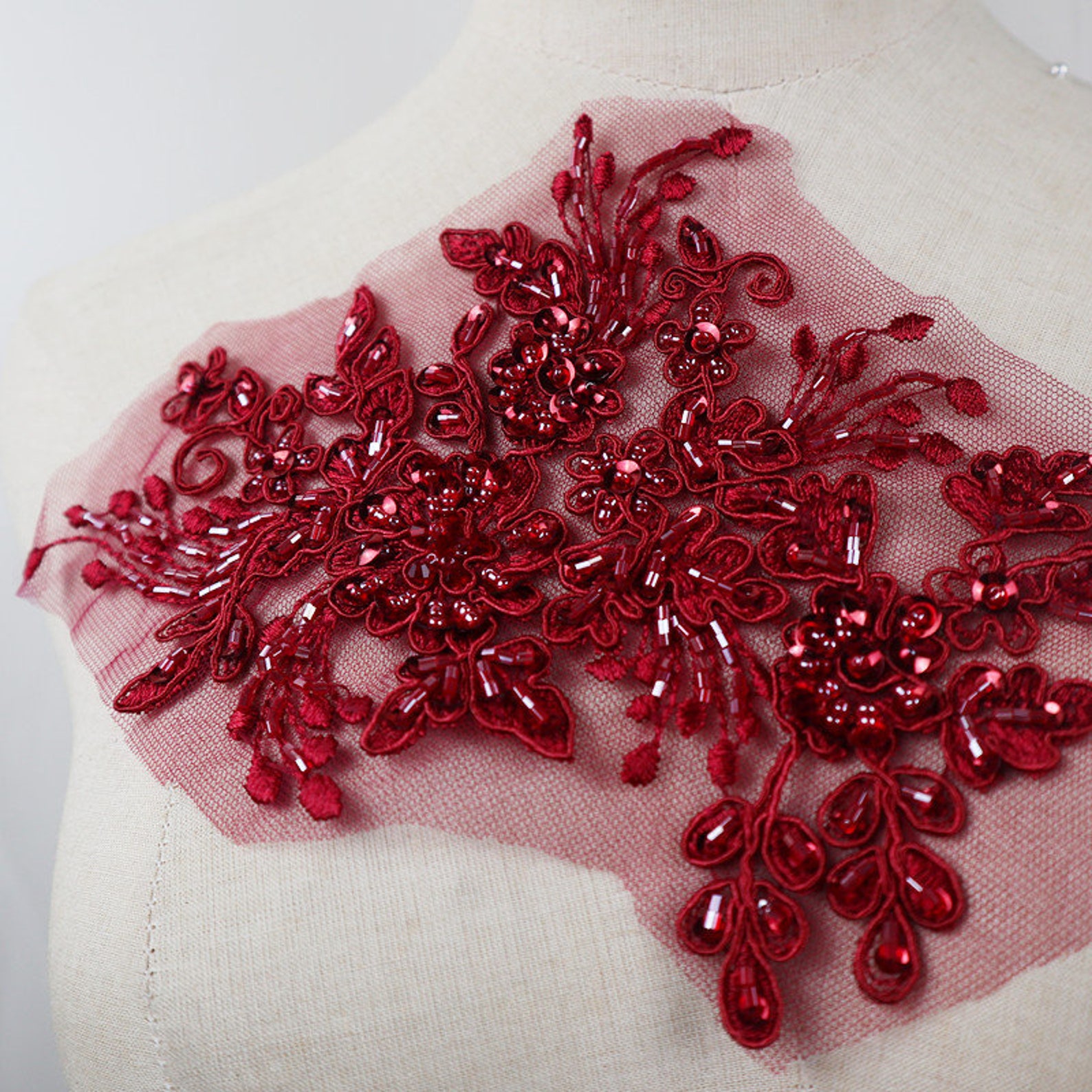 Dark Red Alencon Beaded Lace Applique, Beaded Lace Patches for Bridal ...