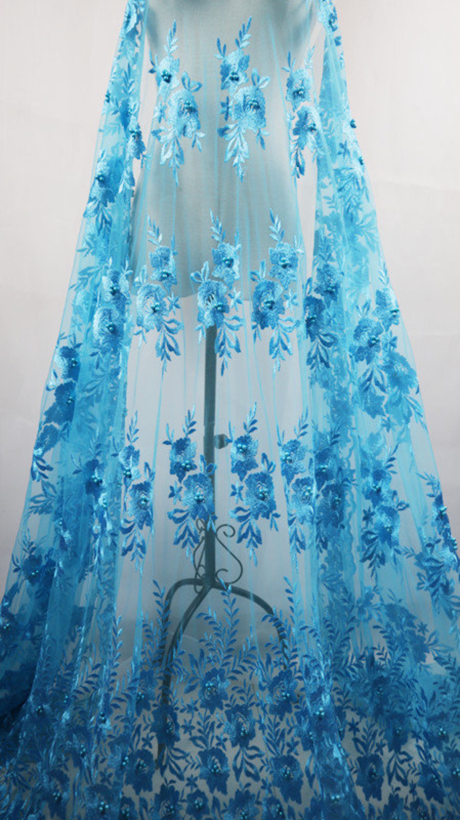 Lake Blue Embroidered Lace Fabric Lanverdar Purple Embroidery | Etsy