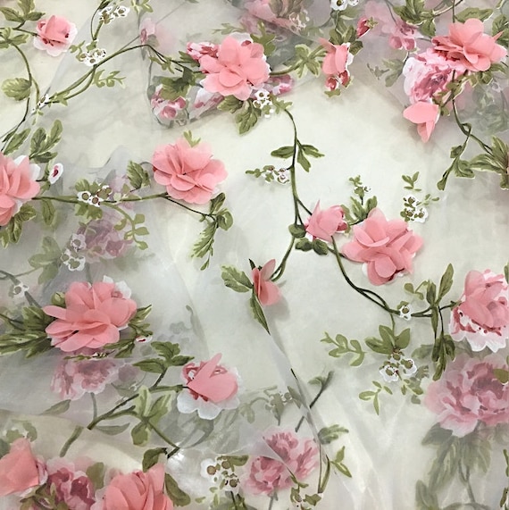Green And Pink Printed Floral Organza Lace Fabric With 3d Pink Etsy