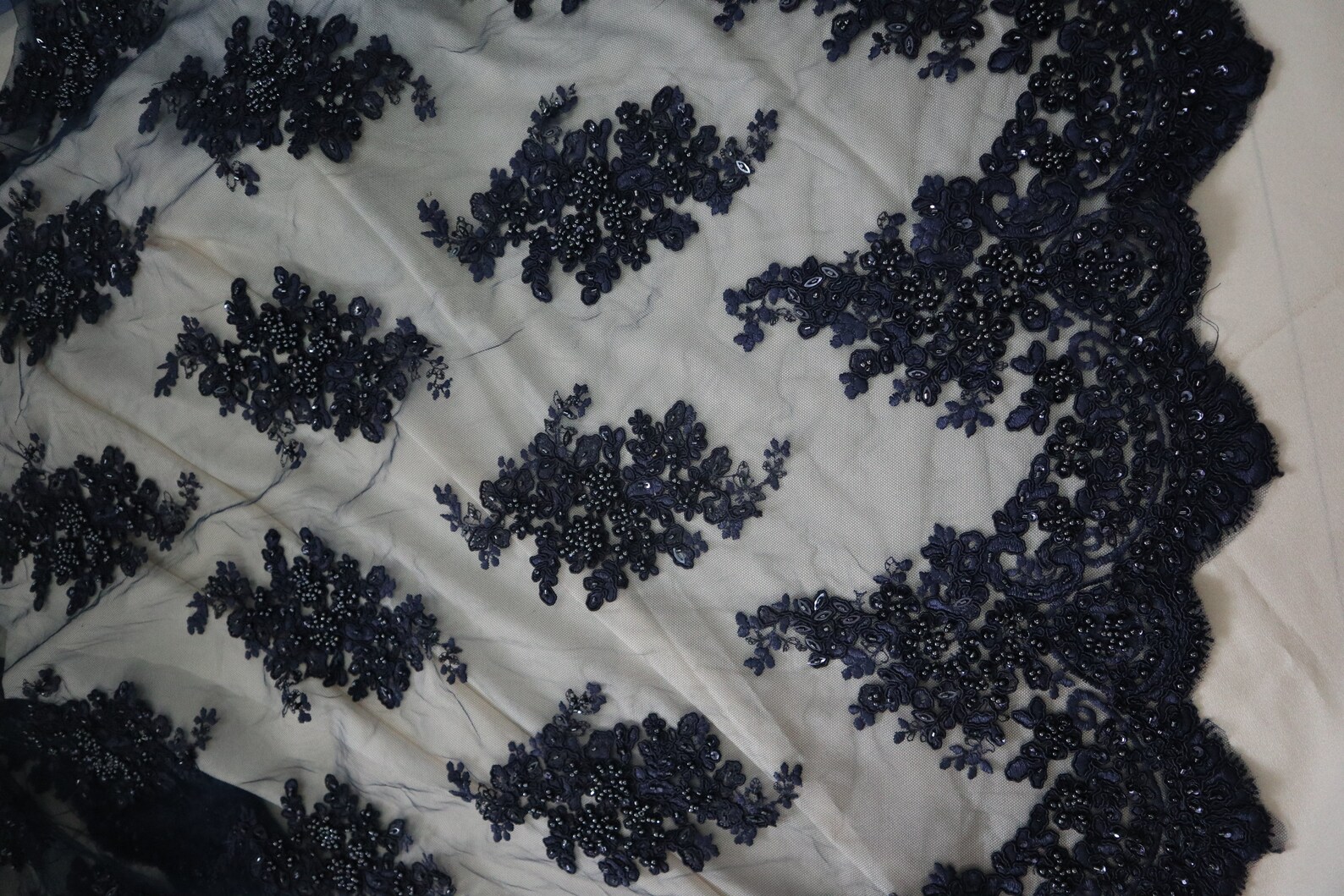 Luxury Dark Blue Heavy Beaded Lace Fabric by the Yard Navy - Etsy
