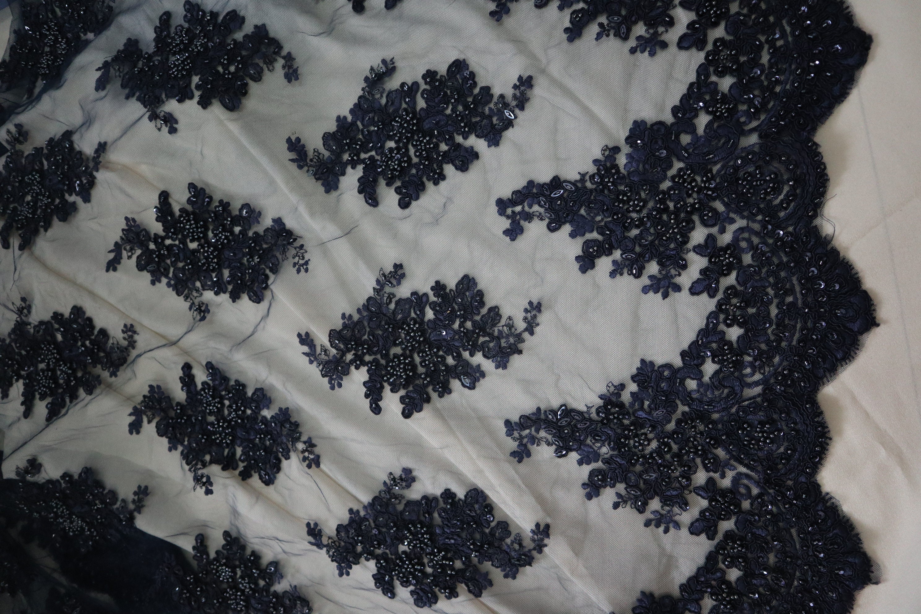 Luxury Dark Blue Heavy Beaded Lace Fabric by the Yard Navy - Etsy