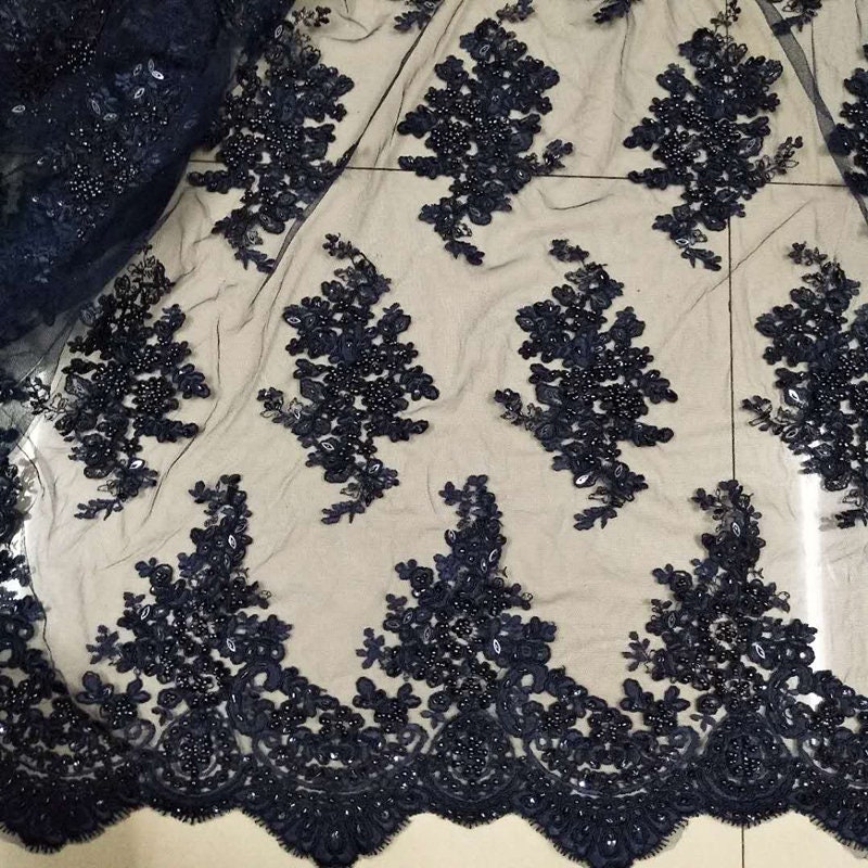 Luxury Dark Blue Heavy Beaded Lace Fabric by the Yard Navy - Etsy