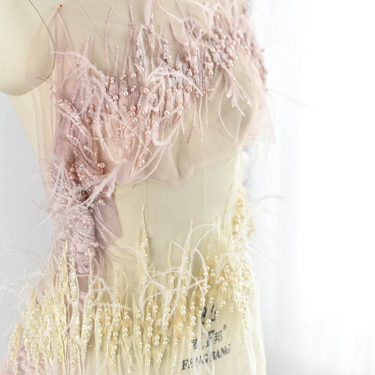 3D ostrich feather sequined beaded lace fabric ivory white | Etsy