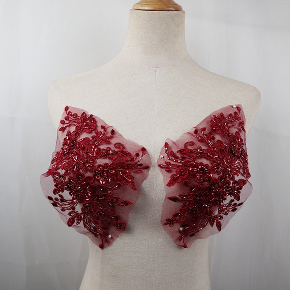 Dark Red Alencon Beaded Lace Applique Beaded Lace Patches for | Etsy