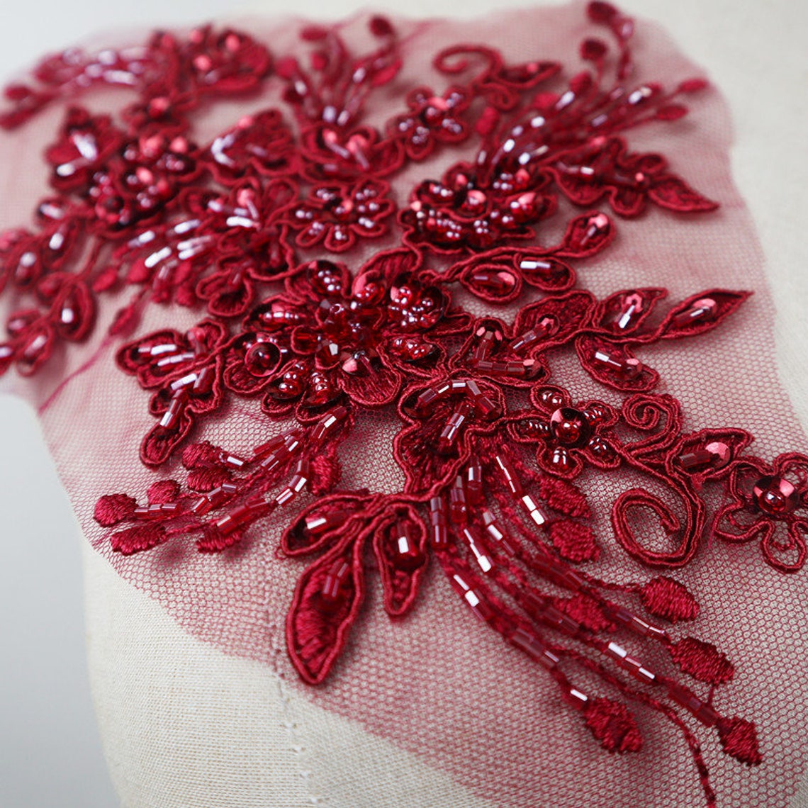 Dark Red Alencon Beaded Lace Applique, Beaded Lace Patches for Bridal ...