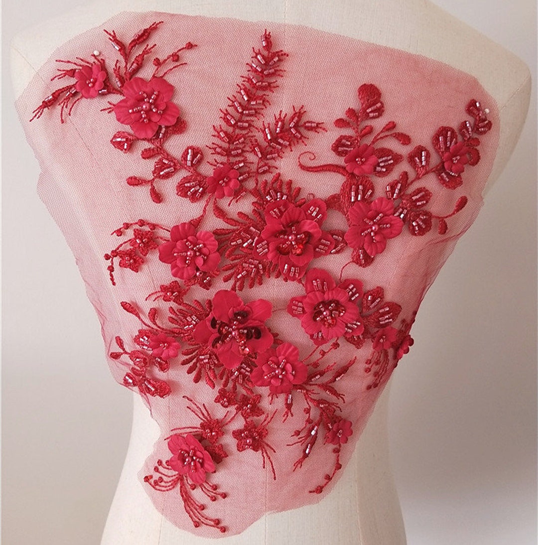 Wine Red 3D Floral Beaded Embroidered Bridal Applique for - Etsy