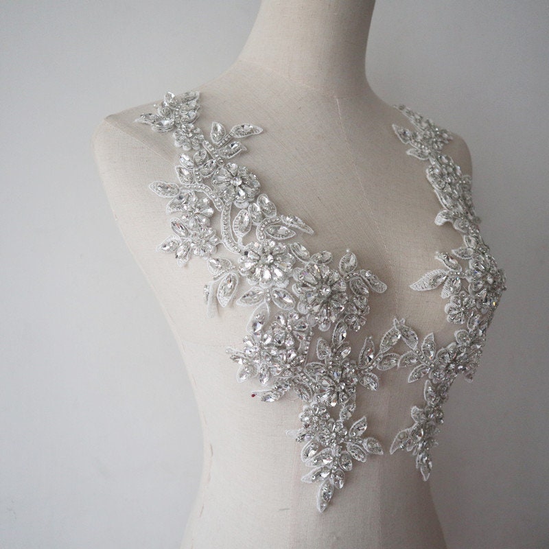 Super Bling Heavy Beaded Rhinestone Applique, Silver Shoulder Front ...