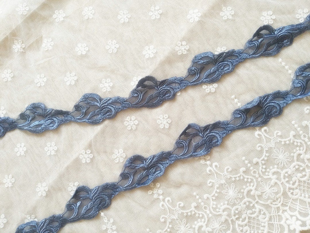 Dark Blue Lace Trim Fabric by the Yard, Navy Blue Vintage Embroidered ...