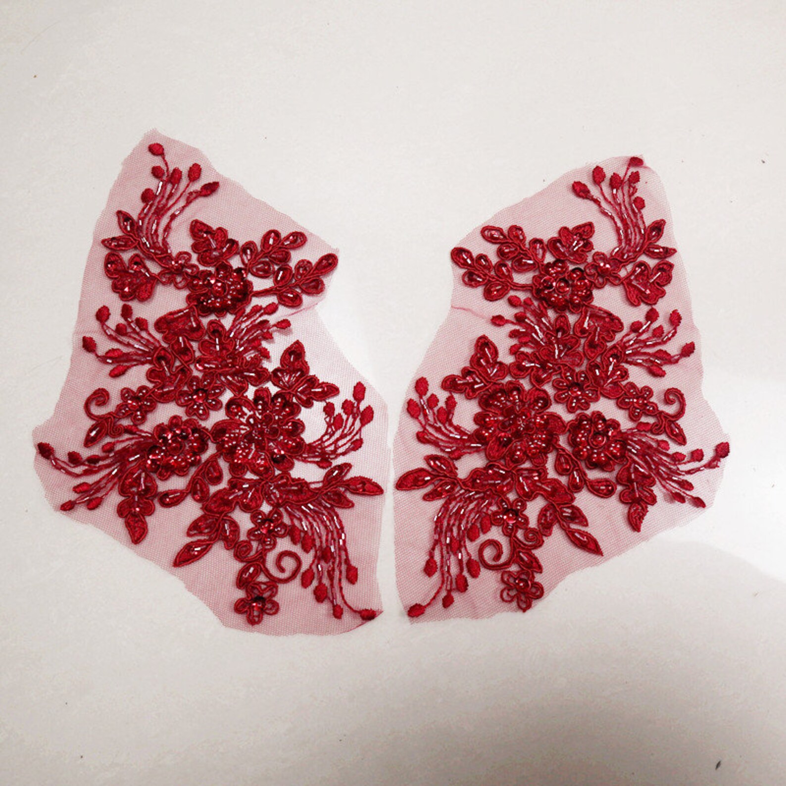 Dark Red Alencon Beaded Lace Applique, Beaded Lace Patches for Bridal ...