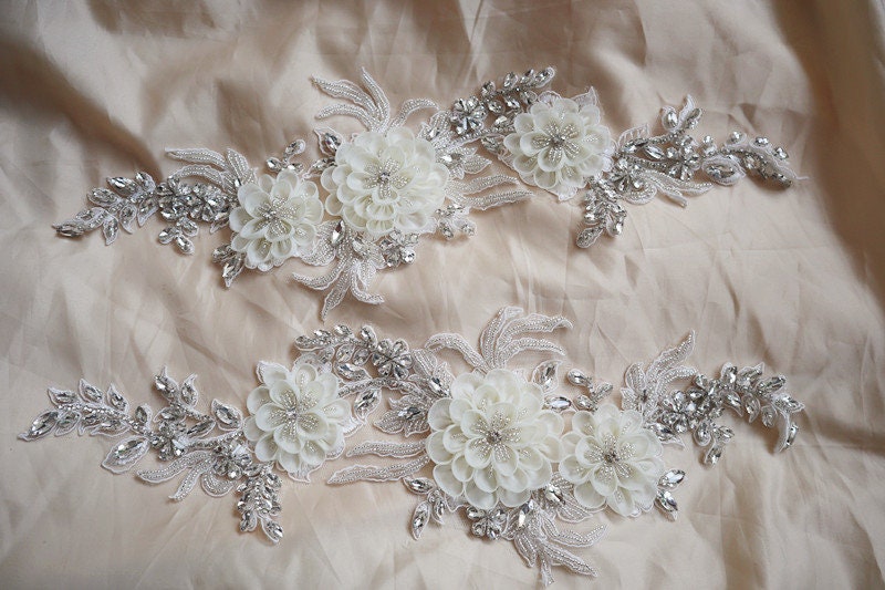 Deluxe silver rhinestone appliques 3D flowers shoulder collar | Etsy