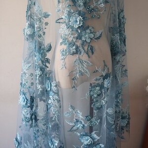 Light Lake Blue 3D Flowers Lace Fabric by the Yard, 3D Beaded ...